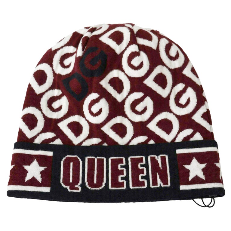 Dolce and Gabbana Maroon White Wool Beanie Queen Hat with DG Logo Stars ...