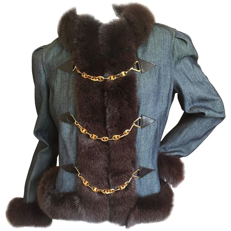 Celine Fox Trim Denim Jacket with Chain Closure at 1stDibs
