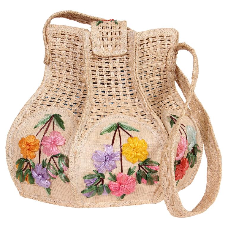 Uniquely Shaped Raffia Embroidered Bag at 1stDibs
