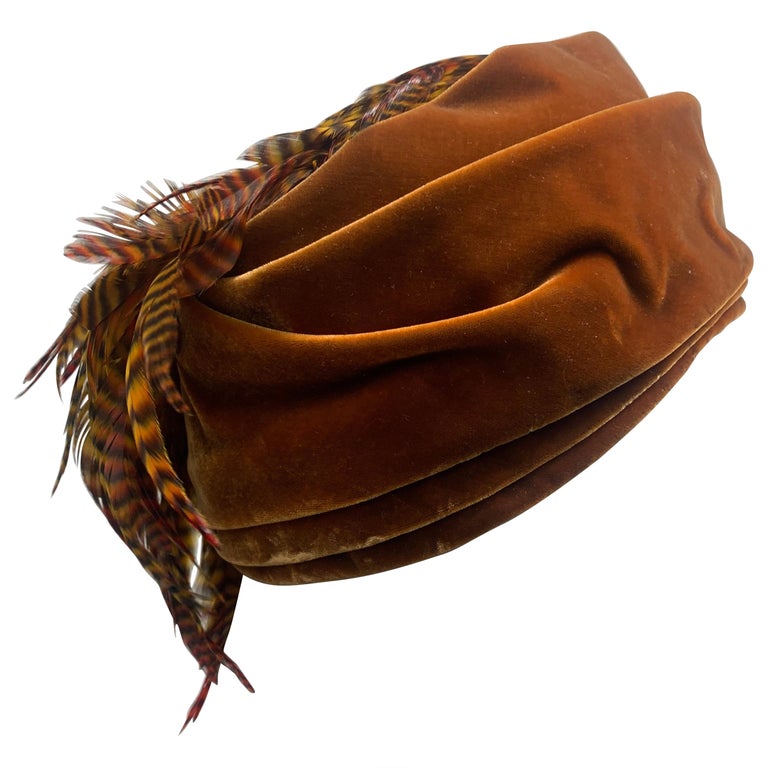 1960s Golden Caramel Velvet Turban Hat w/ Stunning Pheasant Feather ...
