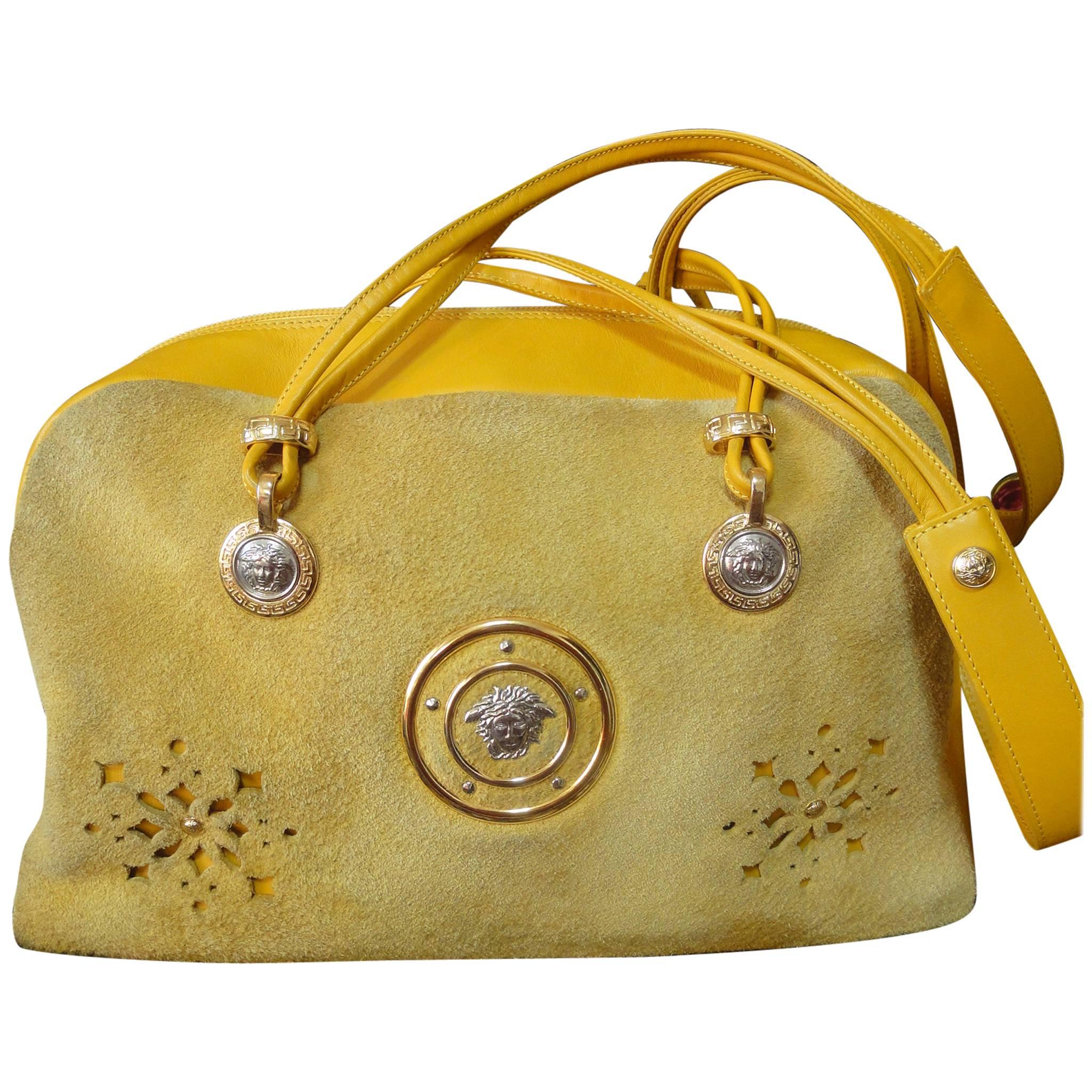 Vintage rare Gianni Versace yellow suede and leather bag with cut out ...