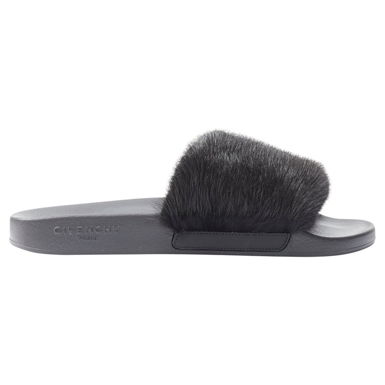 new GIVENCHY black Vison Mink fur logo outsole rubber pool slides ...