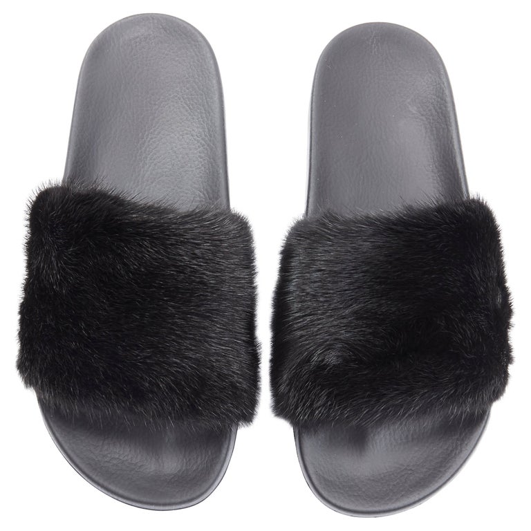 new GIVENCHY black Vison Mink fur logo rubber molded casual pool slides ...