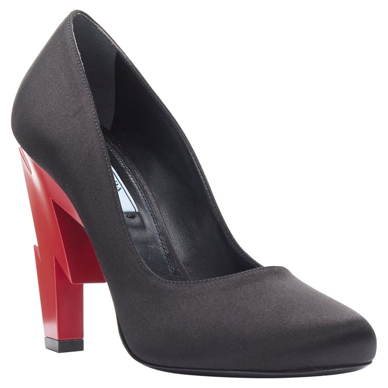new PRADA 2019 Runway red lightning bolt heel black satin pump EU37 at ...