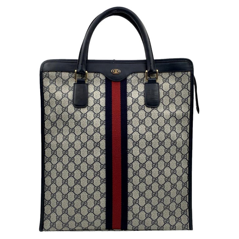 Gucci Vintage Blue Monogram Shopping Bag Tote with Stripes For Sale at ...