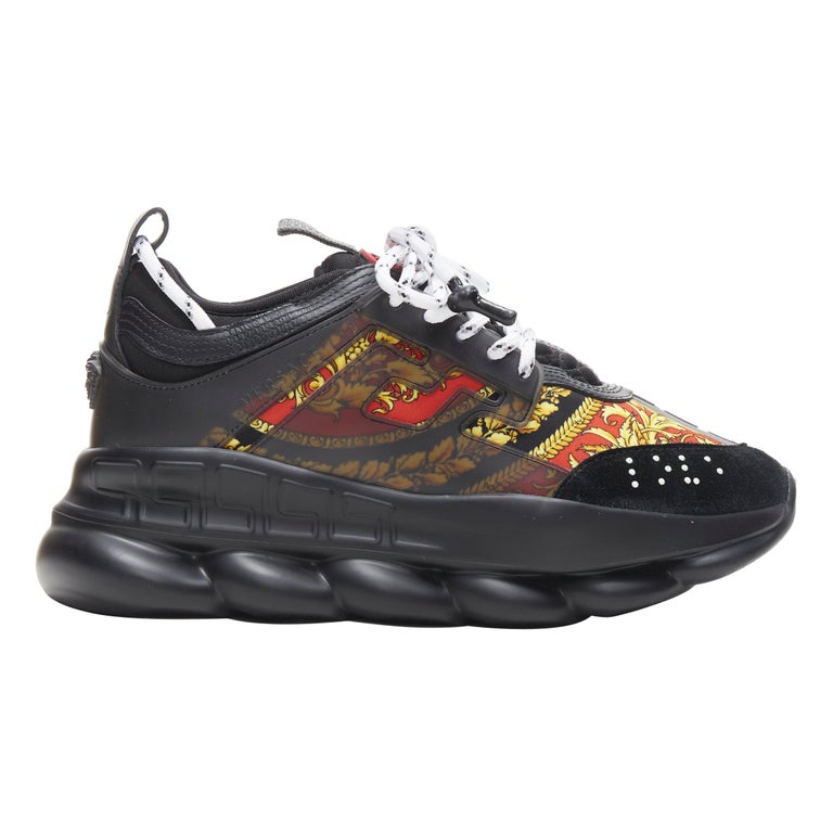 new VERSACE Chain Reaction black red barocco twill low chunky sneaker ...