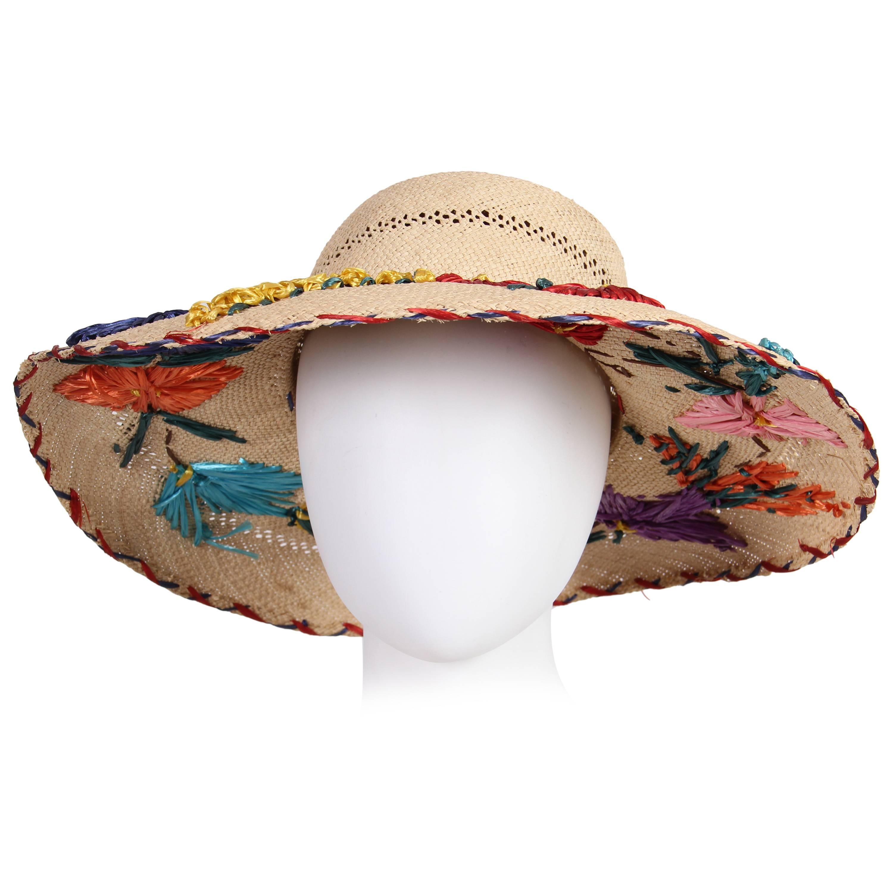 1960s Hand Embroidered Straw Hat For Sale at 1stDibs | embroidered ...
