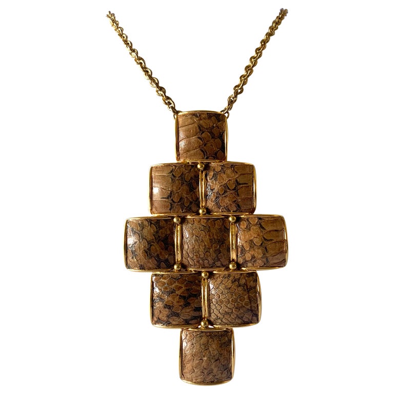 Vintage Gold Snakeskin Modernist Geometric Pendant Necklace at 1stDibs