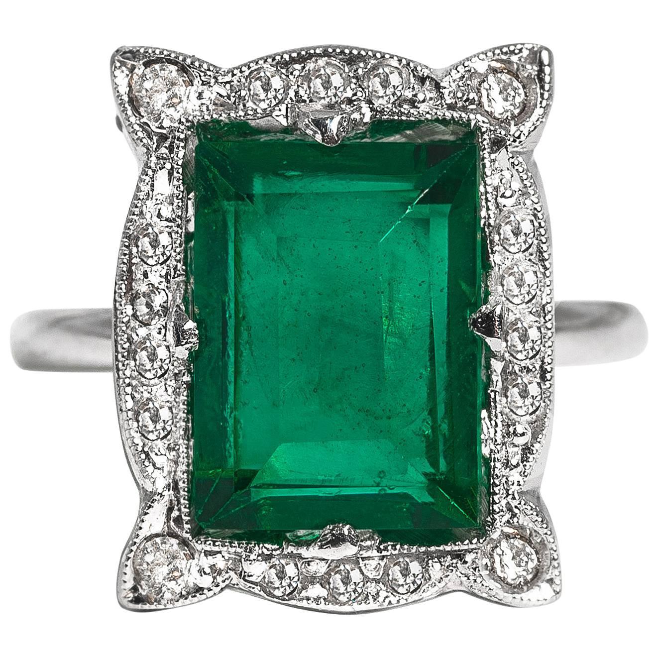 Rare Art Deco Faux Diamond Emerald Sterling Paste Ring For Sale at 1stdibs