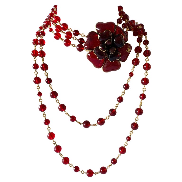 Vintage Chanel Red Camellia CC Statement Necklace at 1stDibs
