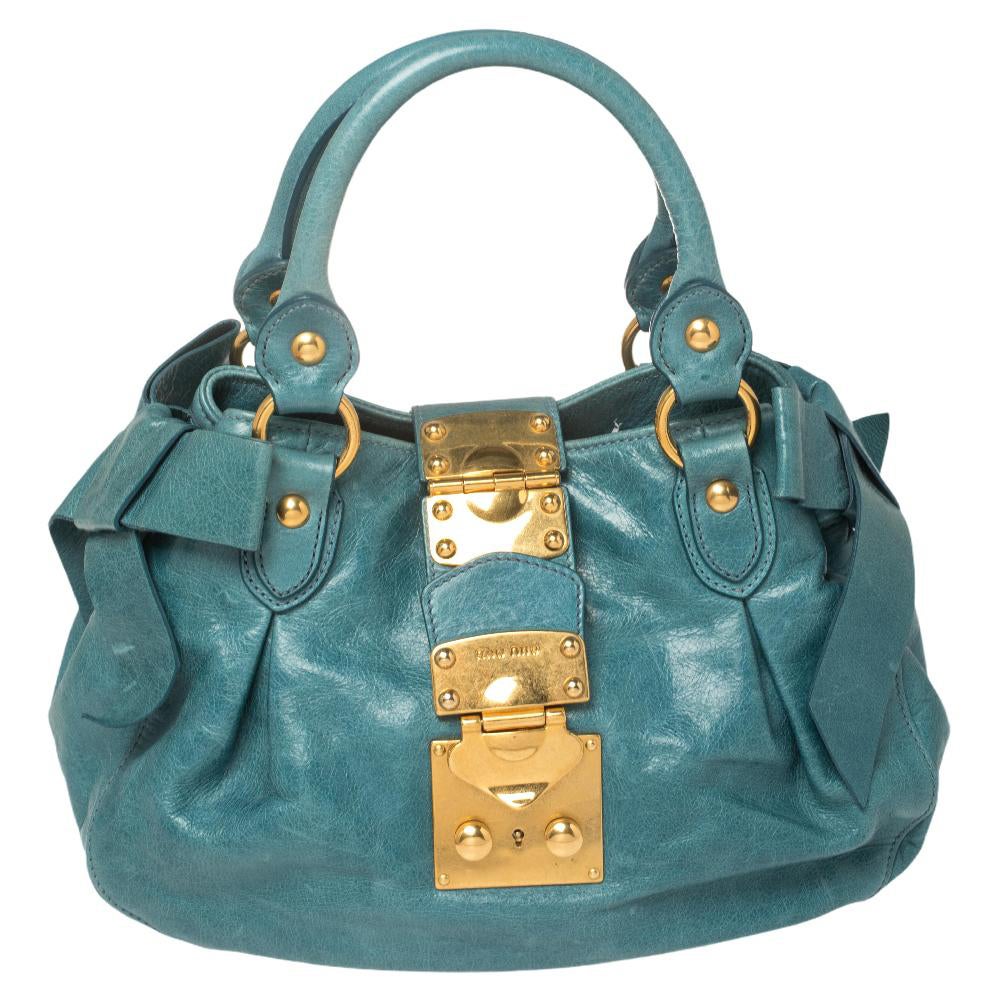 Miu Miu Turquoise Blue Leather Large Madras Flap Satchel Bag For Sale ...