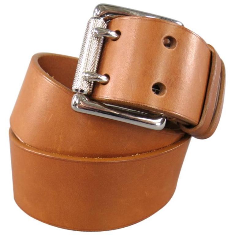 RALPH LAUREN Tan Brown Leather Silver Double Prong Buckle Belt at 1stDibs