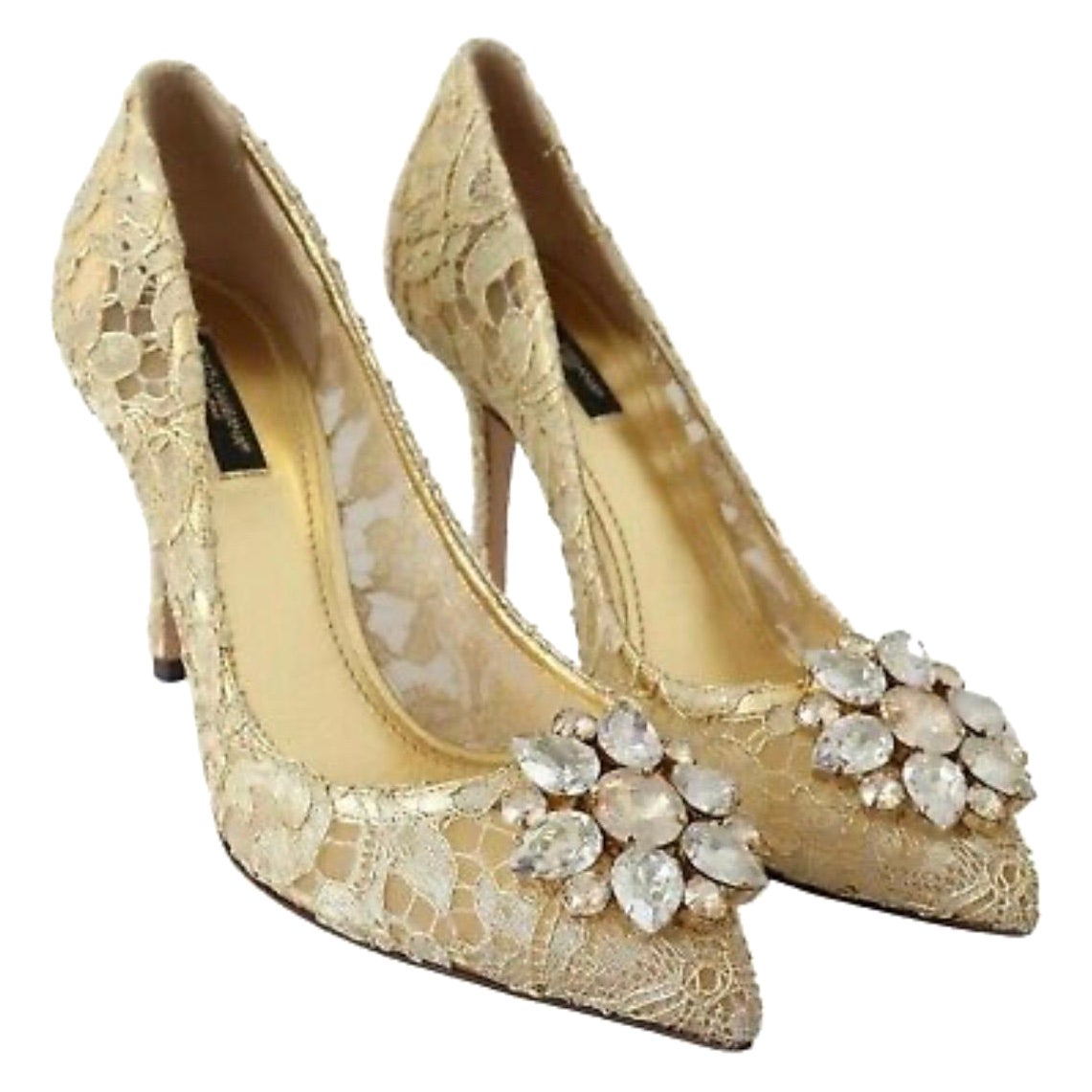 Dolce and Gabbana Bellucci Pumps Shoes Gold Lace Crystal Heels at 1stDibs