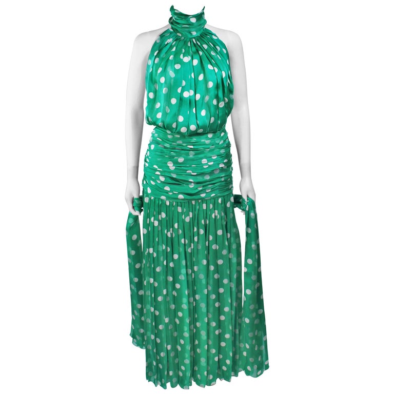 Jiki Monte Carlo Silk Green And White Polka Dot Gown Size 2 At 1stdibs