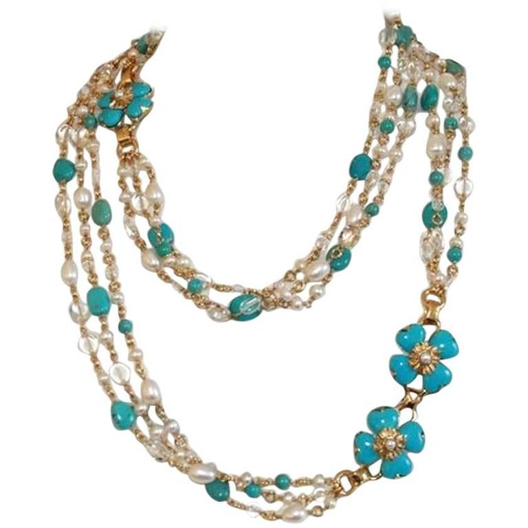Goossens Paris Turquoise, Pearl, and Rock Crystal Long Clover Necklace ...