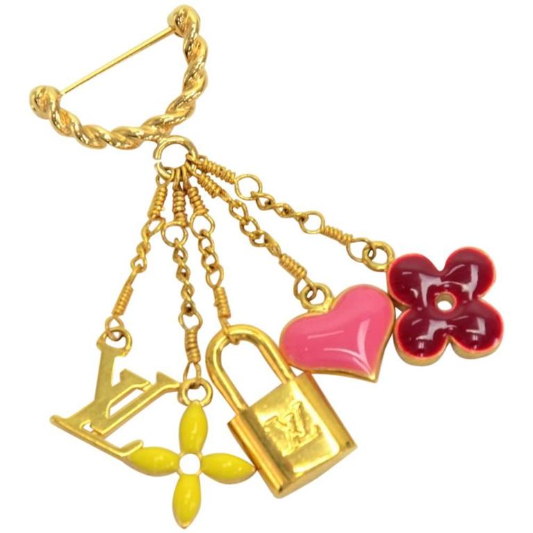 Louis Vuitton Gold Enamel Pink Yellow Flower Monogram Logo Lock Pin ...
