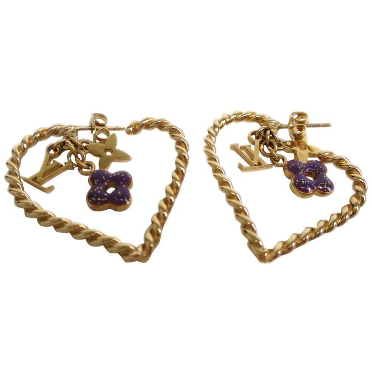 Louis Vuitton Gold Rope Enamel Logo LV Purple Flower Motif Charm Hoop ...