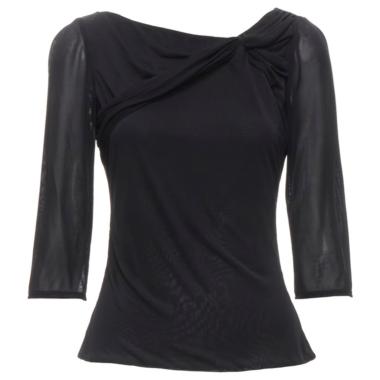 VERSACE black viscose draped wide neckline sheer sleeve top IT38 For ...