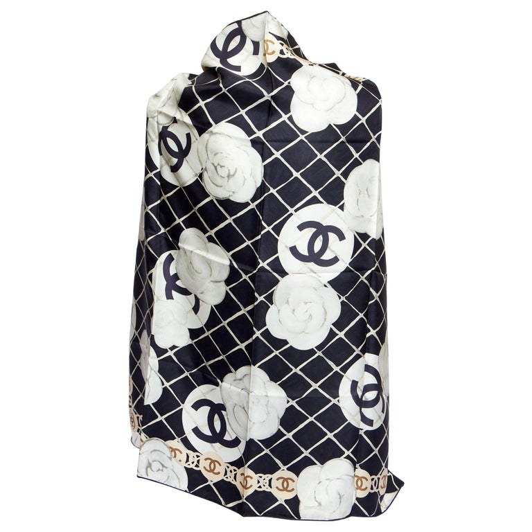 Chanel Black/White Camelia Silk Shawl For Sale at 1stDibs