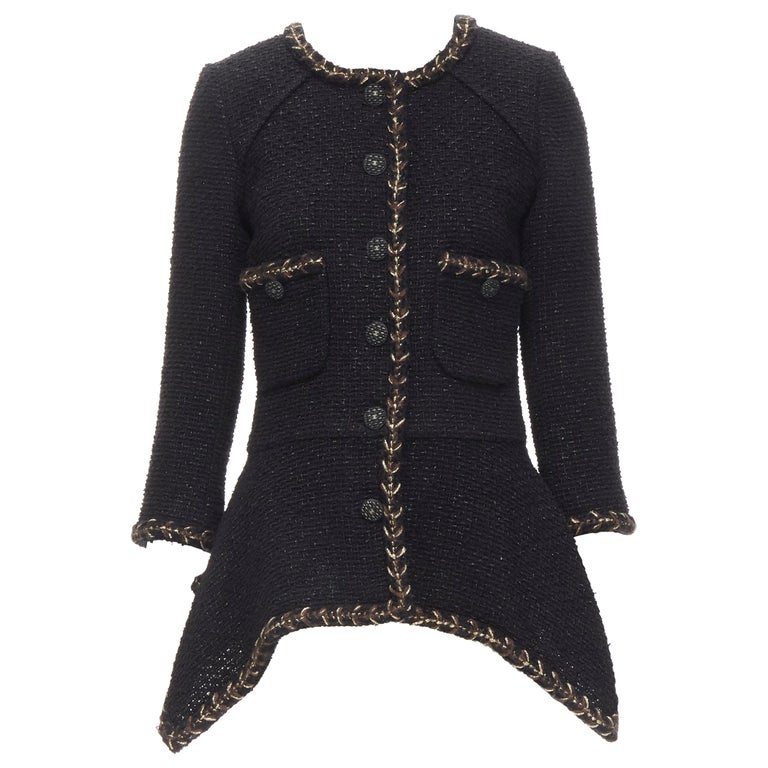 CHANEL black lattice tweed CC logo gold braid trim peplum hem FR34 XS ...