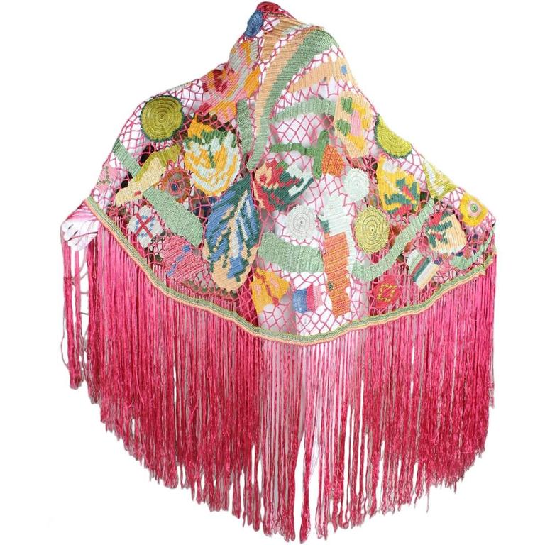 1920's Polychrome Crocheted and Fringed Rayon Shawl at 1stdibs