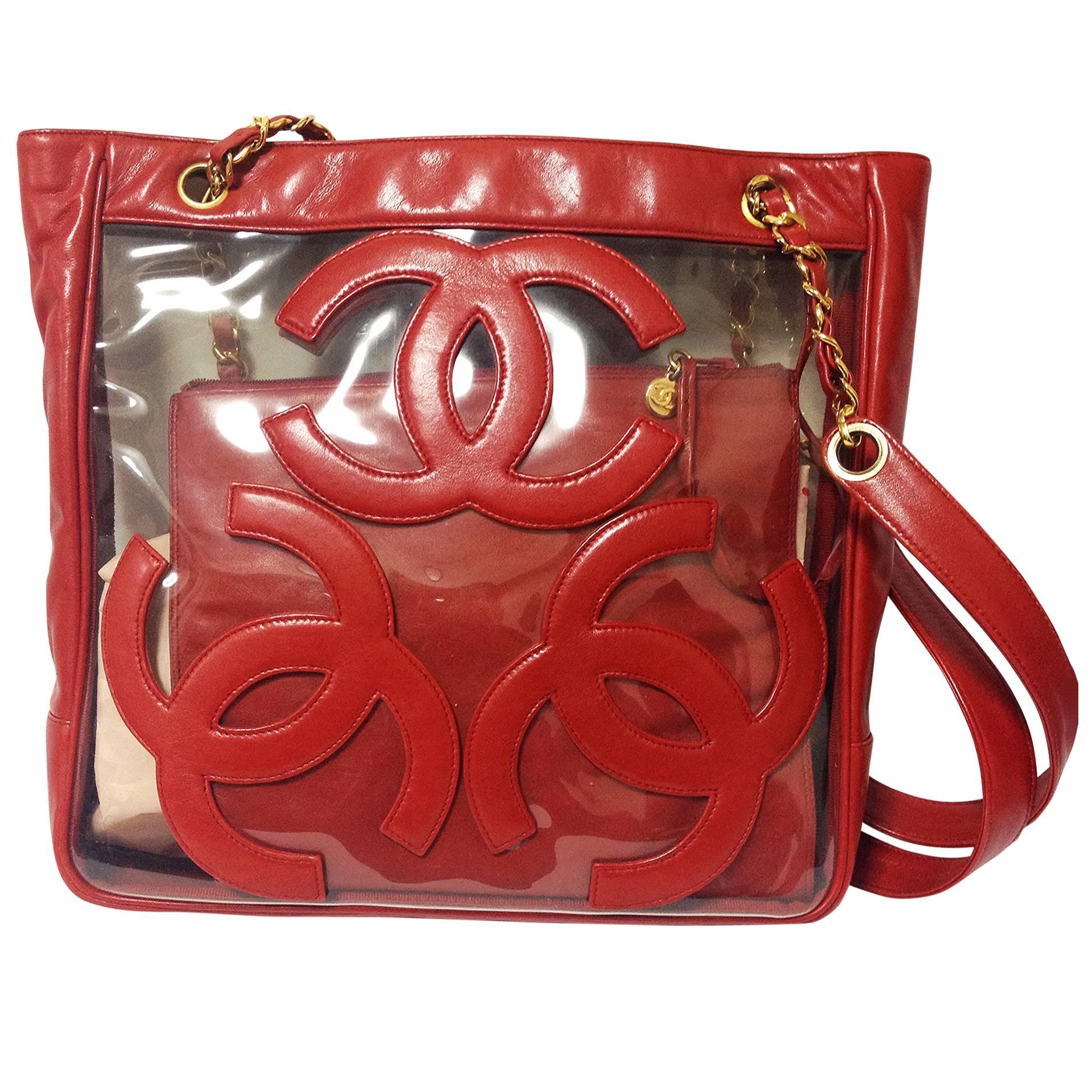 Vintage CHANEL clear vinyl and red leather combination shoulder purse ...