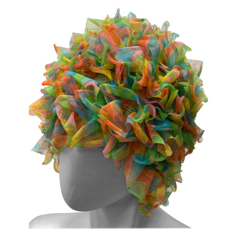 1960 Rubber and Ruffled Tulle "Sava-Wave" Pastel Swim Cap at 1stDibs
