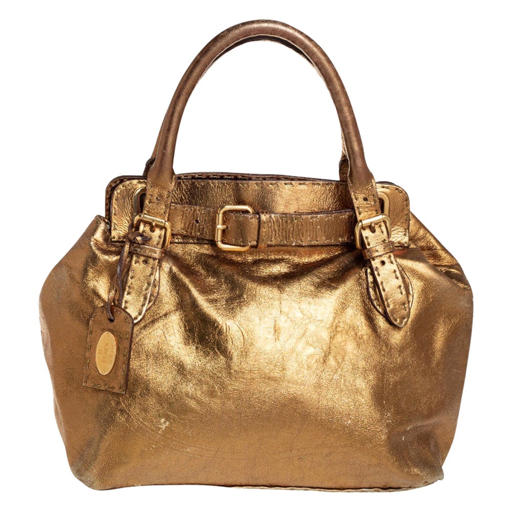 Fendi Gold Metallic Leather Shoulder Tote For Sale at 1stDibs