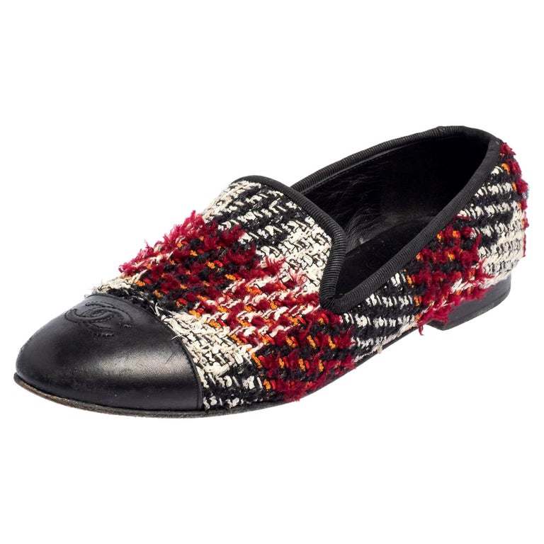 Chanel Multicolor Tweed And Leather Cap Toe Smoking Slippers Size 38 at ...