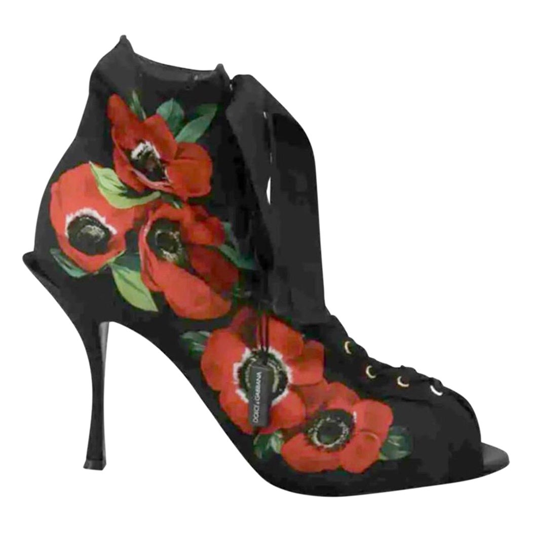 Dolce And Gabbana Open Toe Black Floral Cloth Heels Booties For Sale At