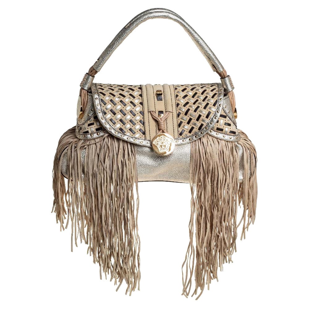 Versace Multicolor Fringe Leather and Twill Frida Hobo Shoulder Bag For ...