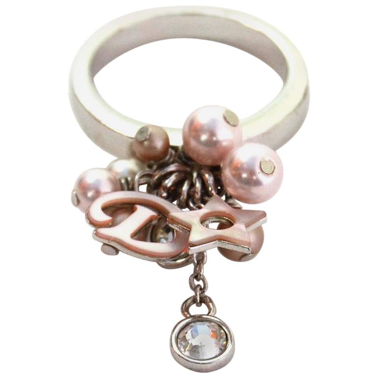 Christian Dior Pink Pearl and Charm Cluster Ring sz 7 For Sale at 1stDibs