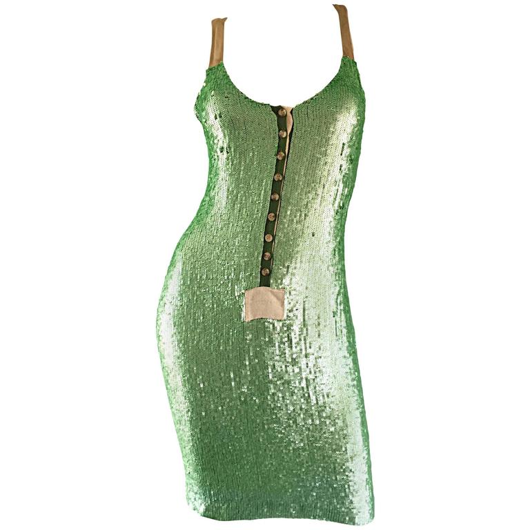 Yigal Azrouel Green Sequin + Nude Silk Racerback Cocktail Dress Never ...