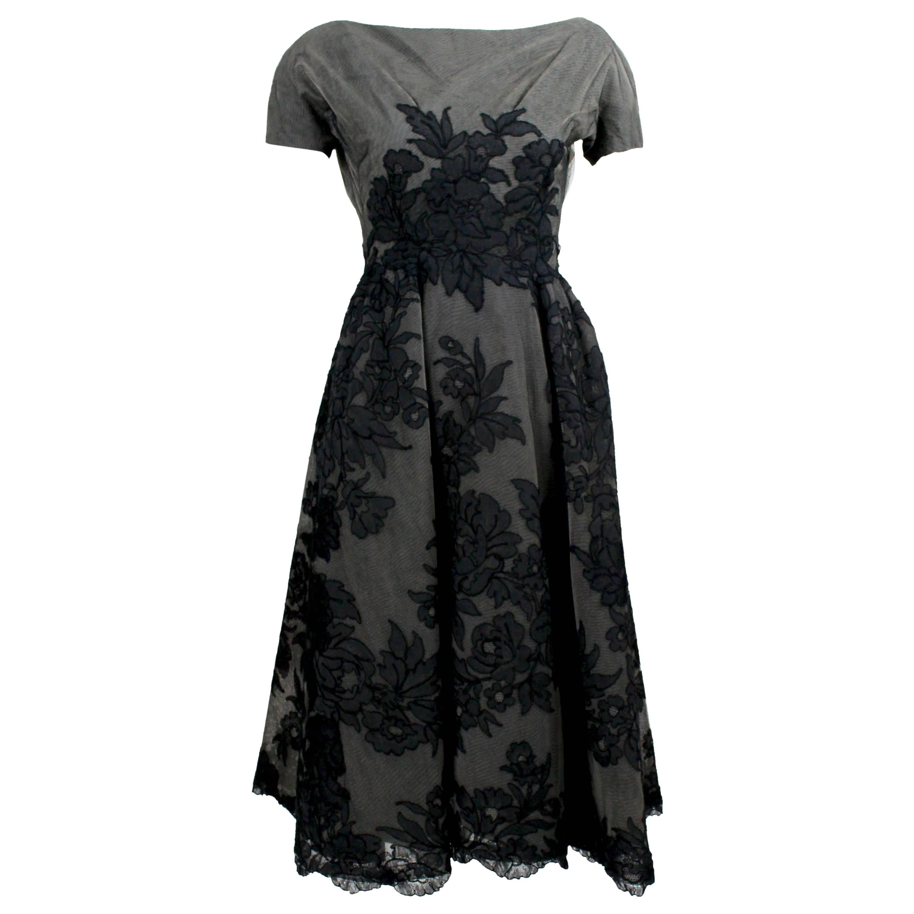 1950s Mort Mogel Black Lace and Charcoal Grey Net Full Skirt Cocktail ...
