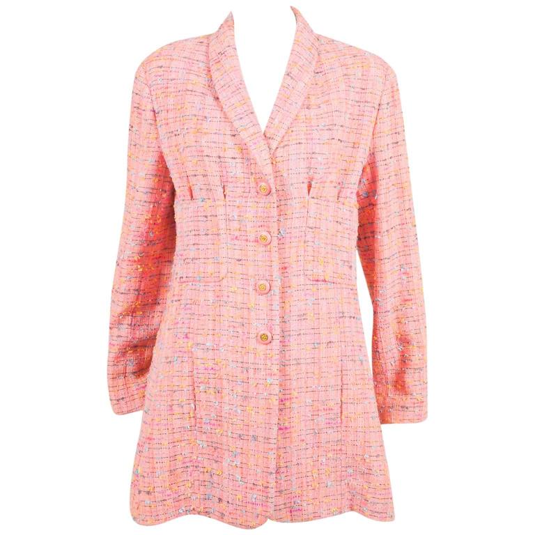 Vintage Chanel Boutique Pink Multicolor Longline Nubby Tweed LS Jacket ...