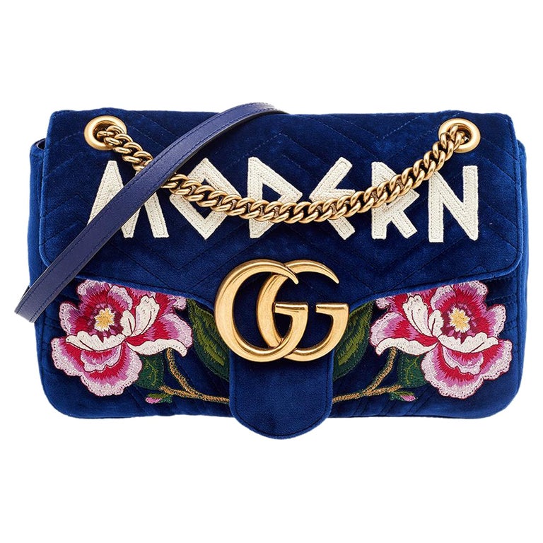 Gucci Blue Matelassé Velvet Floral Modern Embroidered GG Marmont ...