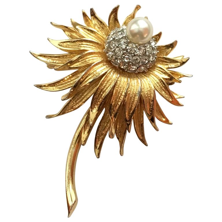 Boucher 1950s Brooch Goldtone, Rhinestone and Faux Pearl Flower at 1stDibs