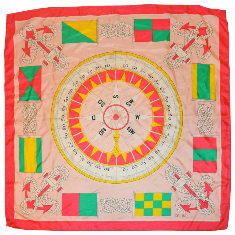 Celine Multi-Color "Compass" Silk Scarf For Sale at 1stDibs