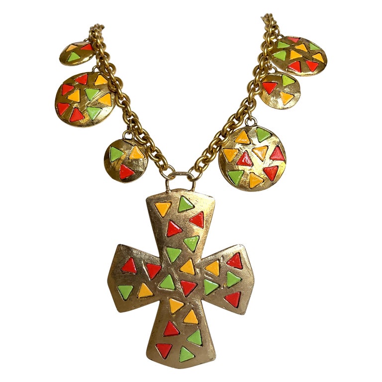 Vintage French Cross Stained Glass Charm Necklace For Sale at 1stDibs