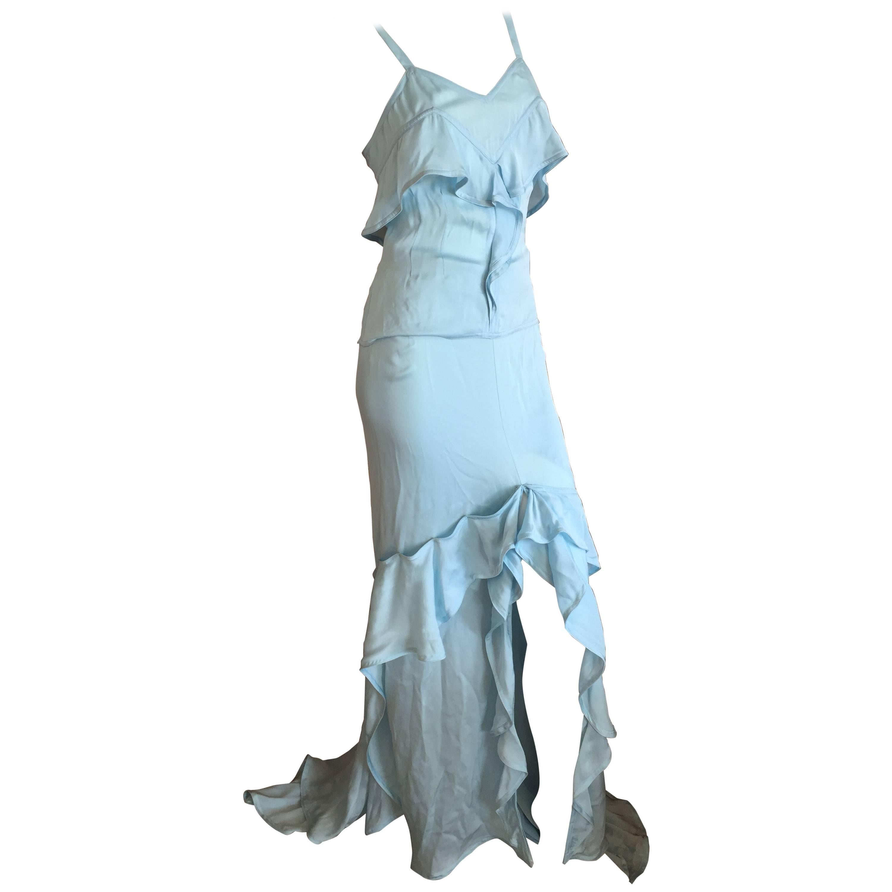 Yves Saint Laurent by Tom Ford Ice Blue Silk Ruffle 2 pc Dress w Train ...