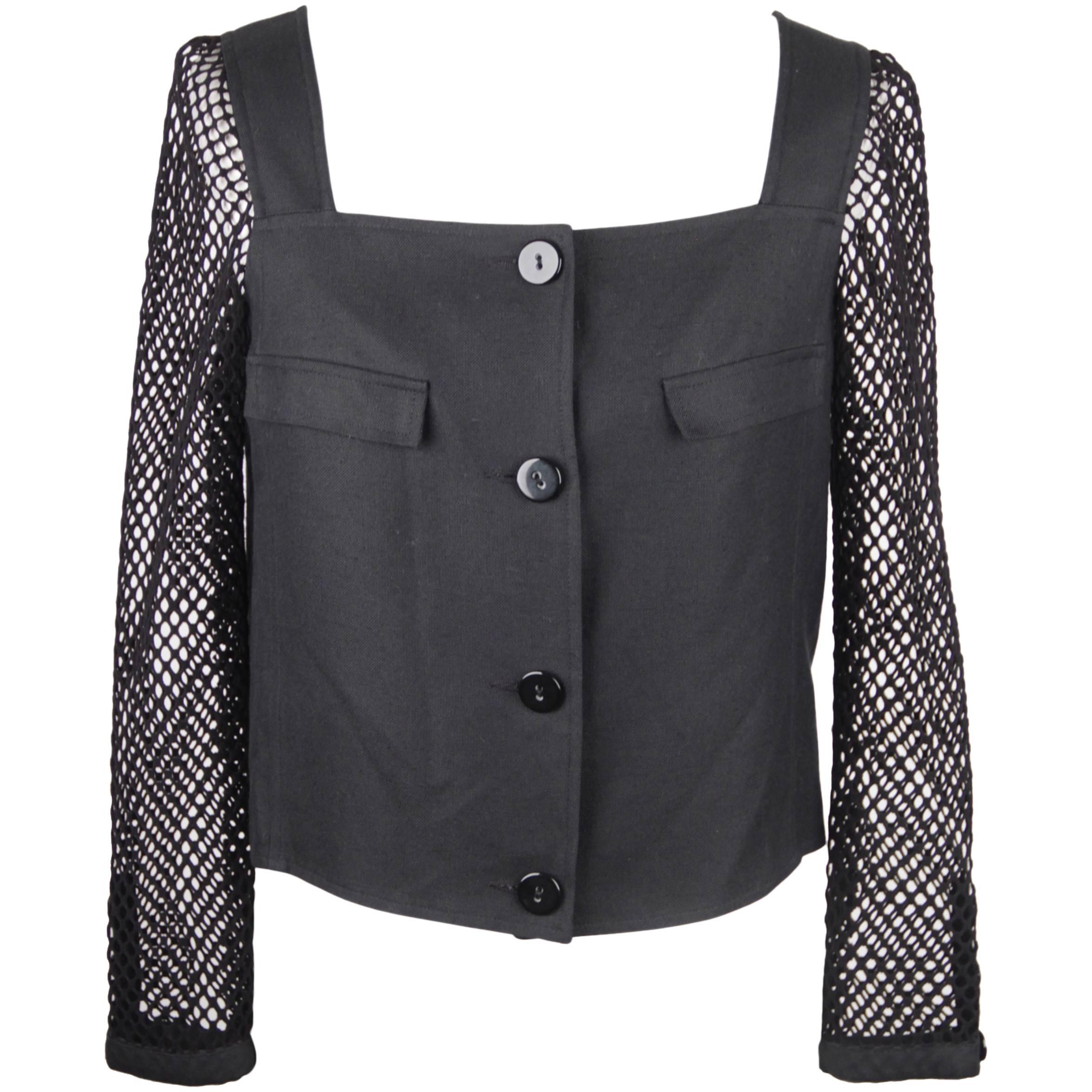 COURREGES Vintage Black Viscose CROPPED JACKET w/ NET Sleeves SIZE 38 ...