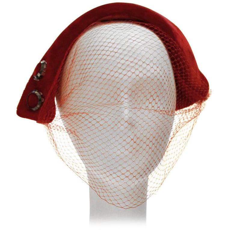 1950s Red Velvet Cocktail Hat with Mirrored Embellishment and Veil at ...