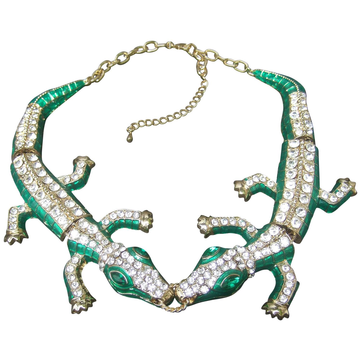 Exotic Green Crystal Articulated Enamel Alligator Necklace at 1stdibs