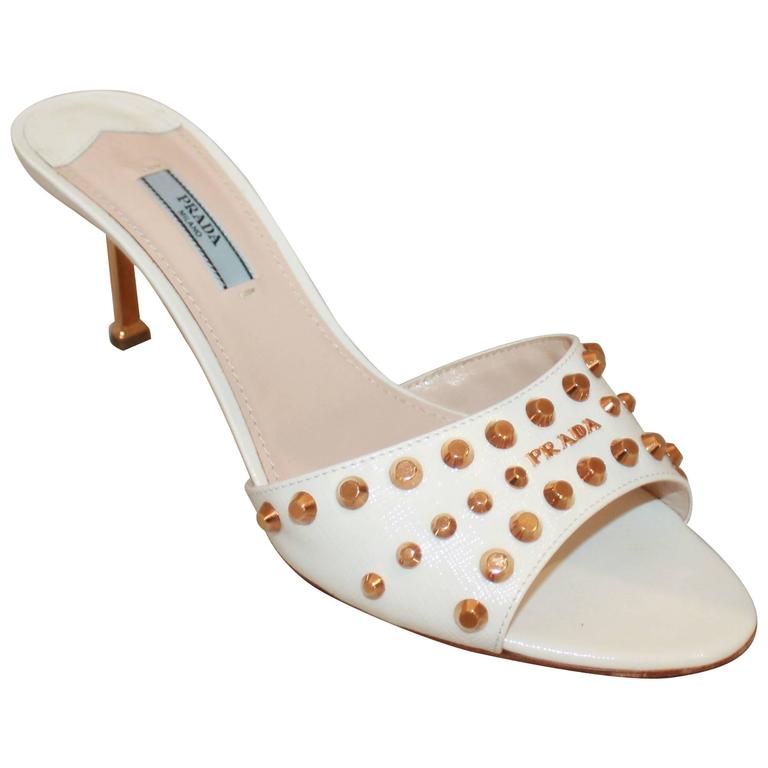 Prada White Saffiano Slides with Gold Heels, Gold Studs and Logo - 39.5 ...