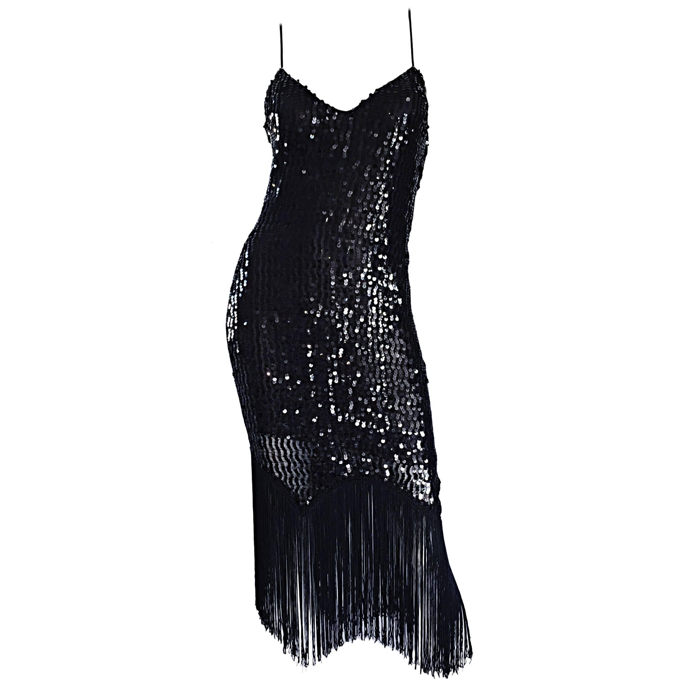 Exceptional Joy Stevens 1970s Black Sequin and Fringe Vintage 70s Dress ...