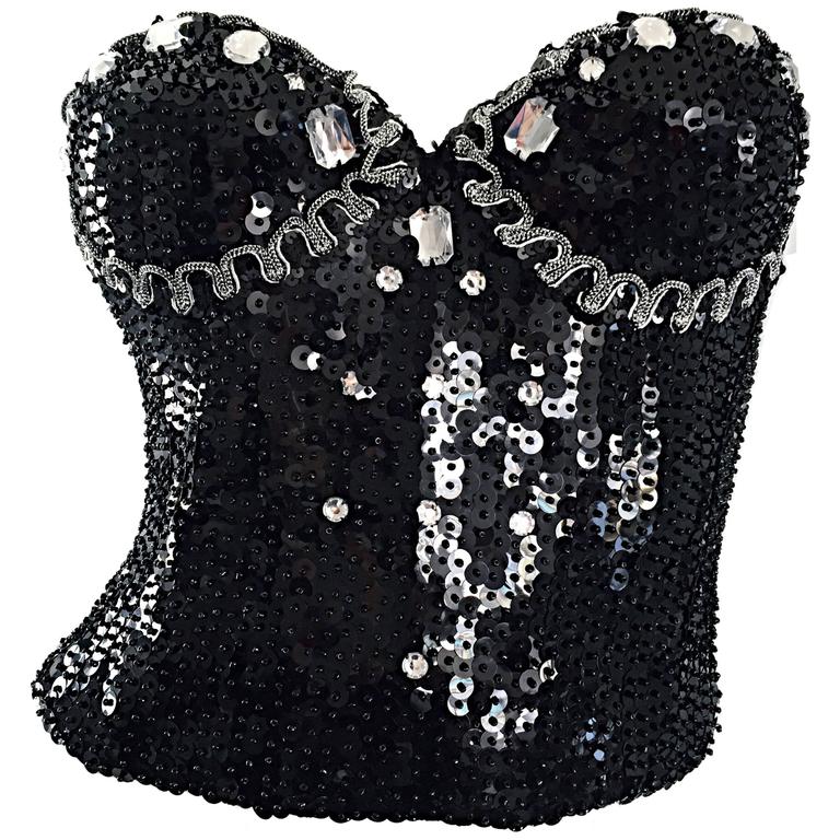Vintage Dana Deatherage Black Sequin + Rhinestone + Beaded Corset Bustier Top For Sale at ...