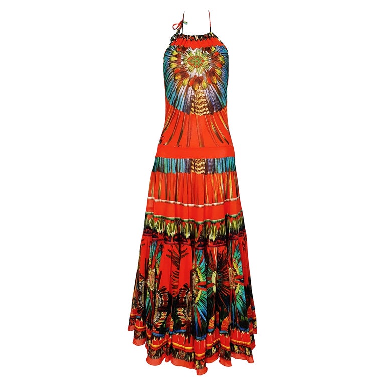 Jean-Paul Gaultier - Robe longue en maille à imprimé plumes exotiques ...