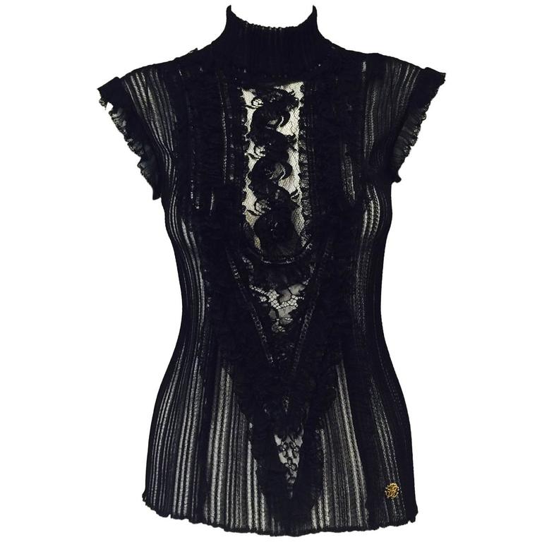 Roberto Cavalli Black Stretch Lace Cap Sleeve Top With Mock Turtle Neck ...