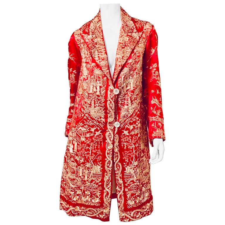 1920's Chinese Hand Embroidered Red Silk Coat with People, Animals and ...