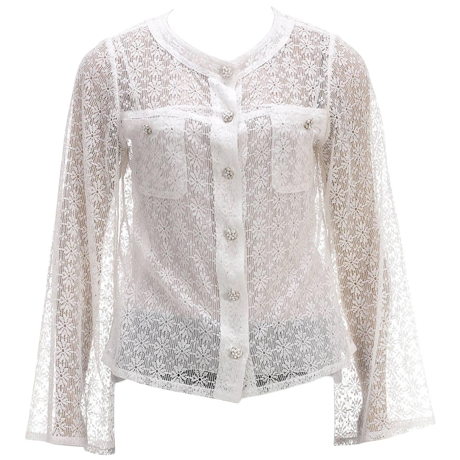 Chanel White Long Sleeve Lace Top (Size 36) For Sale at 1stDibs